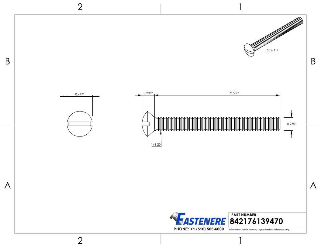 1/4-20 x 2-1/2" Slotted Oval Head Machine Screws Stainless Steel 18-8 Qty 25 D&J