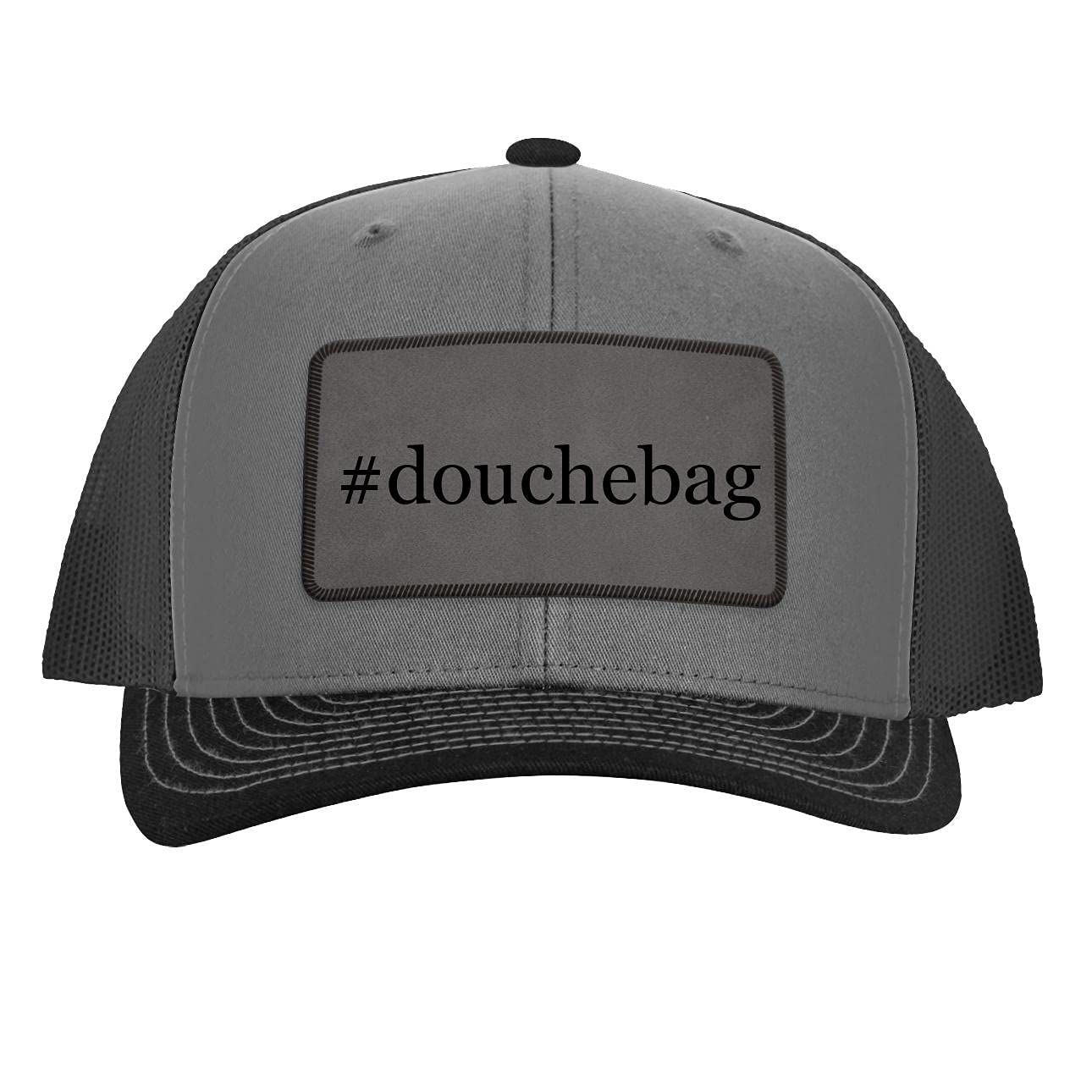 #Douchebag - Leather Hashtag Grey Patch Engraved Trucker Hat, Grey-Steel, One Size