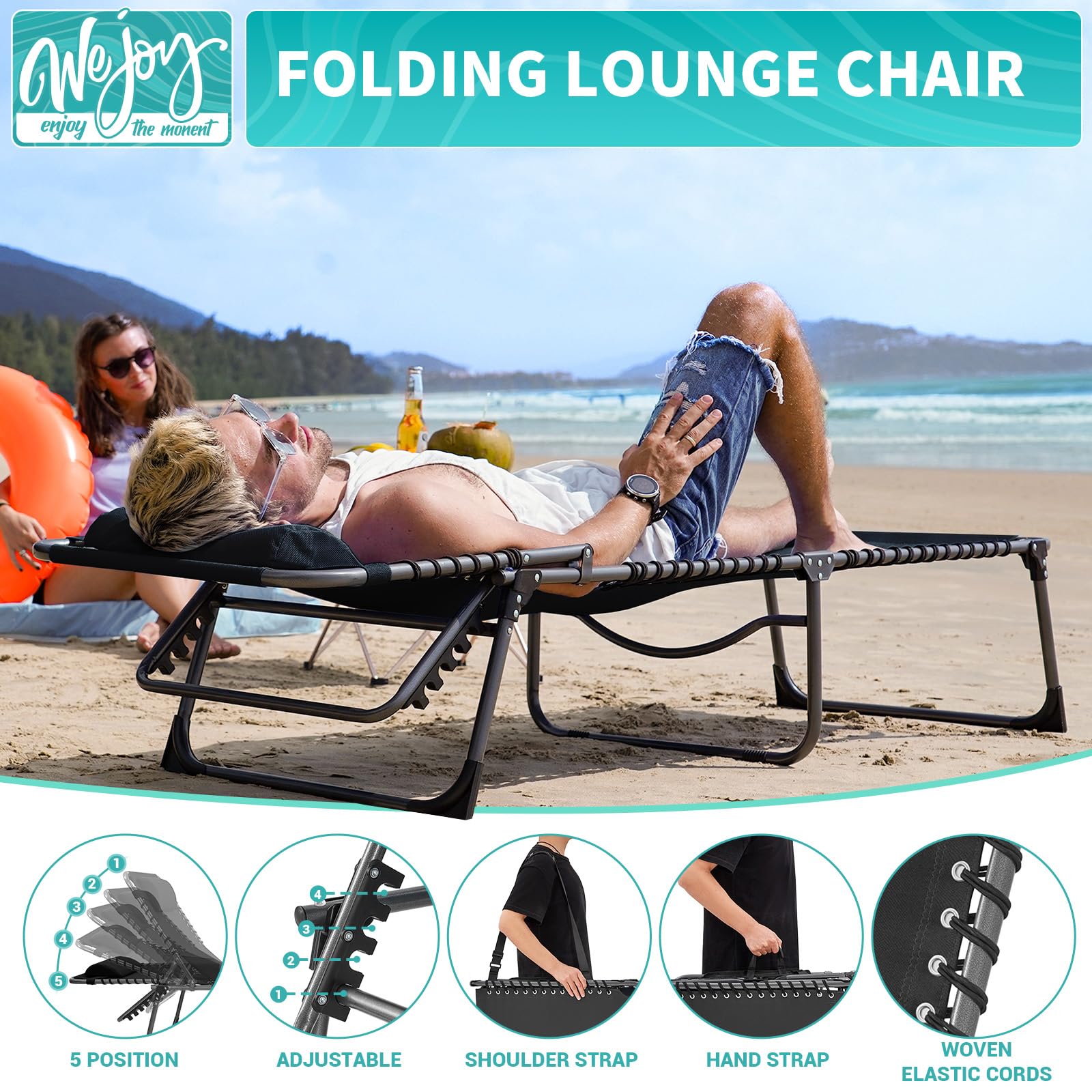 #WEJOY Outdoor Folding Chaise Lounge Chair for Outside, Patio, Beach, Poolside, Sunbathing, Adjustable 5-Position Reclining Chairs, Heavy Duty Camping Cot with Shoulder Strap and Pillow, Teal