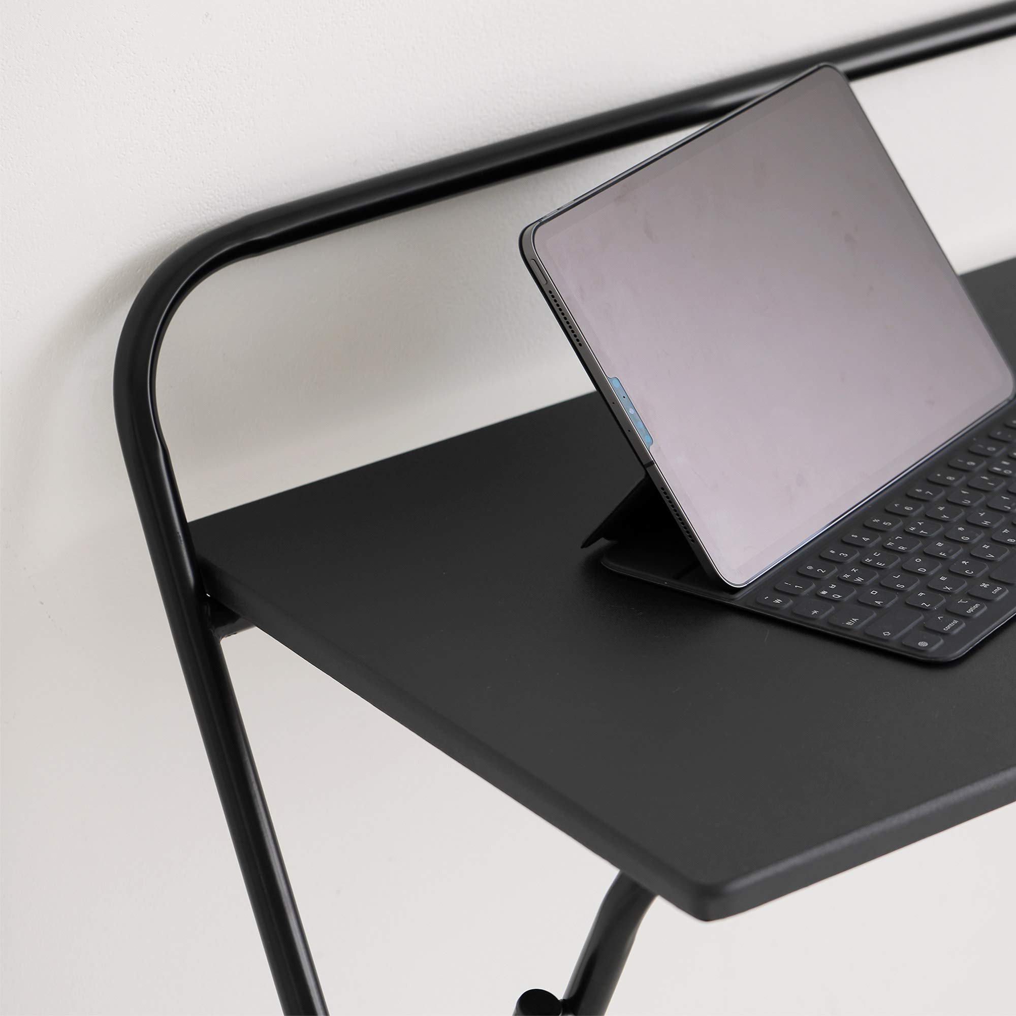 【Roomnhome】 27'' Height Foldable Home Office Desk, for Small Space, Metal Frame with Plastic Sheet Coated Desk Surface (Black)