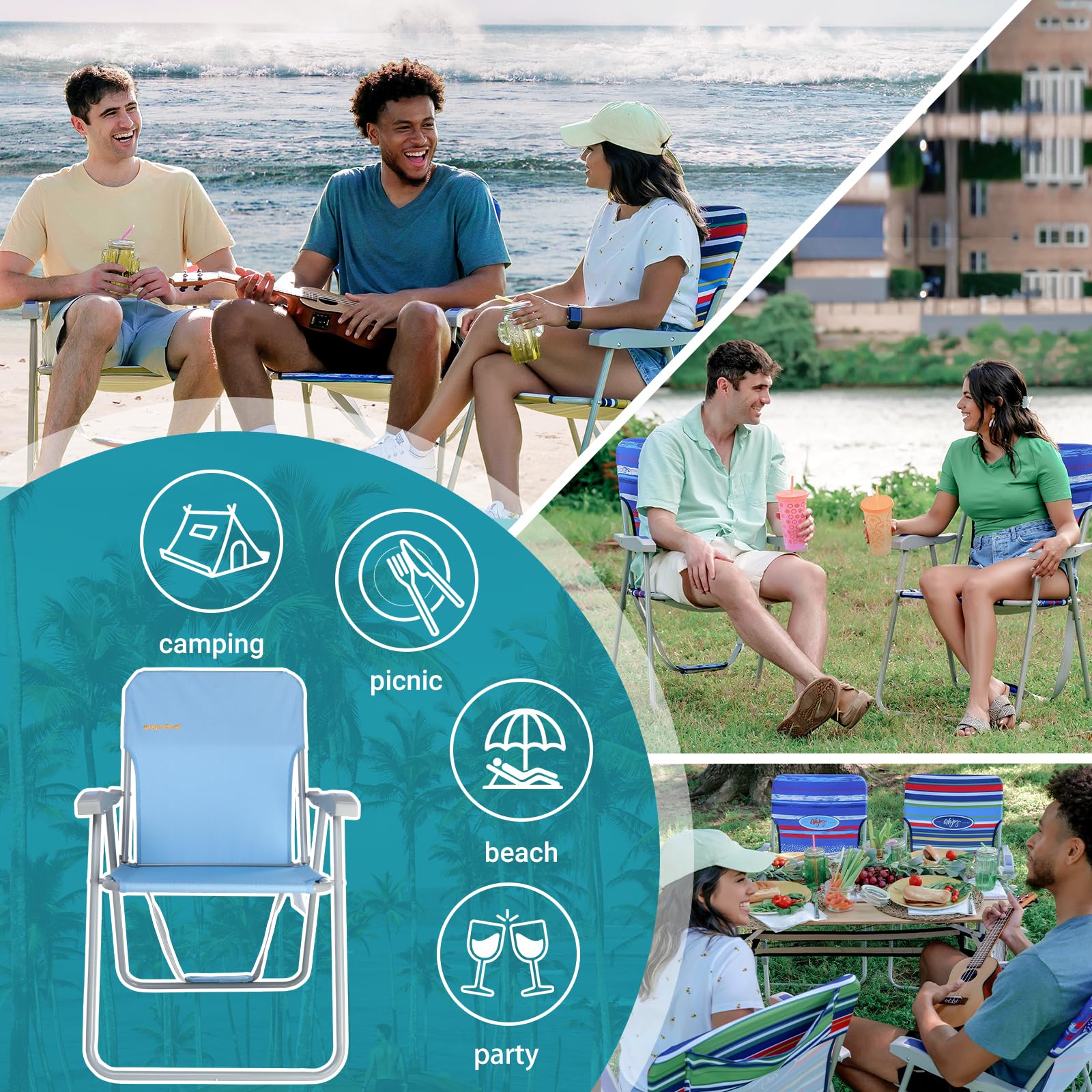 #WEJOY Folding Beach Chair for Adults, Lightweight Beach Chair with Shoulder Straps, High Back Beach Chairs with Hard Armrest, Supports 300lbs for Beach Lawn Concert