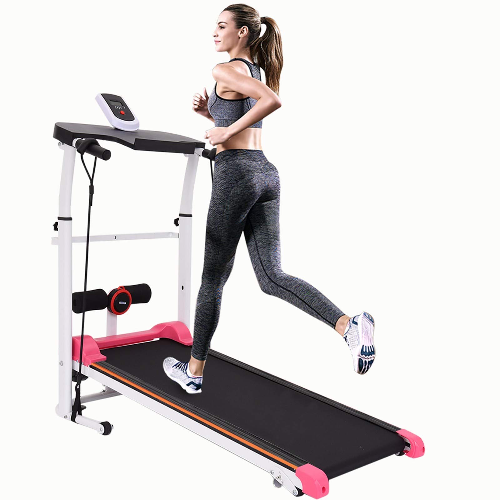 【Ship from US】 Home Treadmills Two-Wheeled Mechanical Treadmill, Foldable Walking Running Machine with Table Holder/LCD Monitor, Built-in Mp3 Speaker, Low Noise for Home/Office/Gym