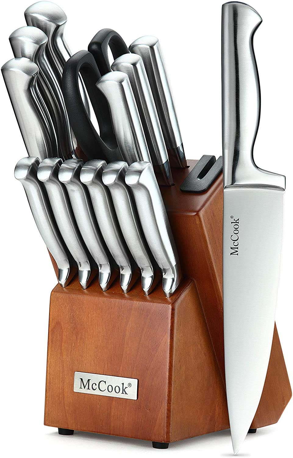 【What Yout Get】MC29 15 Pieces German Stainless Steel Knife Block Sets with Built-in Sharpener + McCook MC59B Steak Knives Set of 6