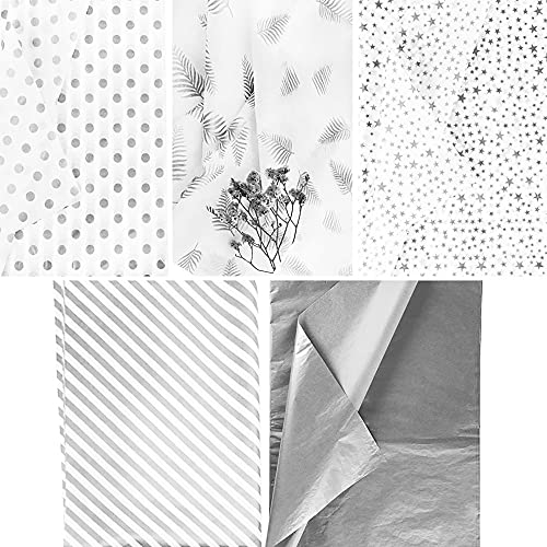20 x 27.6 inches Silver Tissue Paper, 50 Sheets Large Tissue Paper for Gift Wrapping, White Metallic Silver Printed Tissue Paper for Gift Bags Wrapping Paper for Birthday Party, Arts Crafts, Weddings