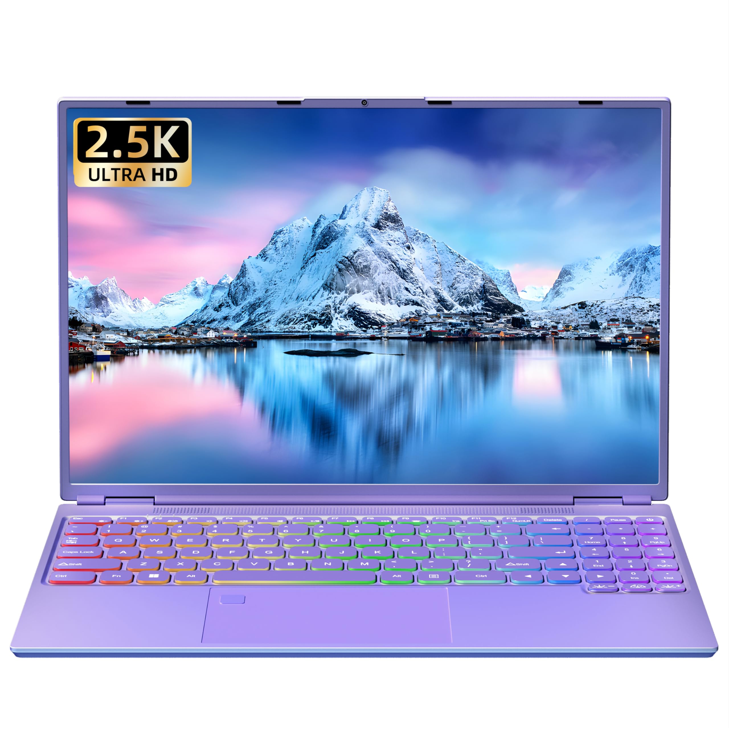 【Win 11 Pro/Office 2019】 16" Laptop Ultra-Narrow bezels 2.5K FHD(2560x1600) IPS Screen, Celeron N5095,16G RAM, 512GB SSD, Color Backlit KB, Fingerprint Reader, Type-C, HDMI(16G+512GB SSD, Purple)