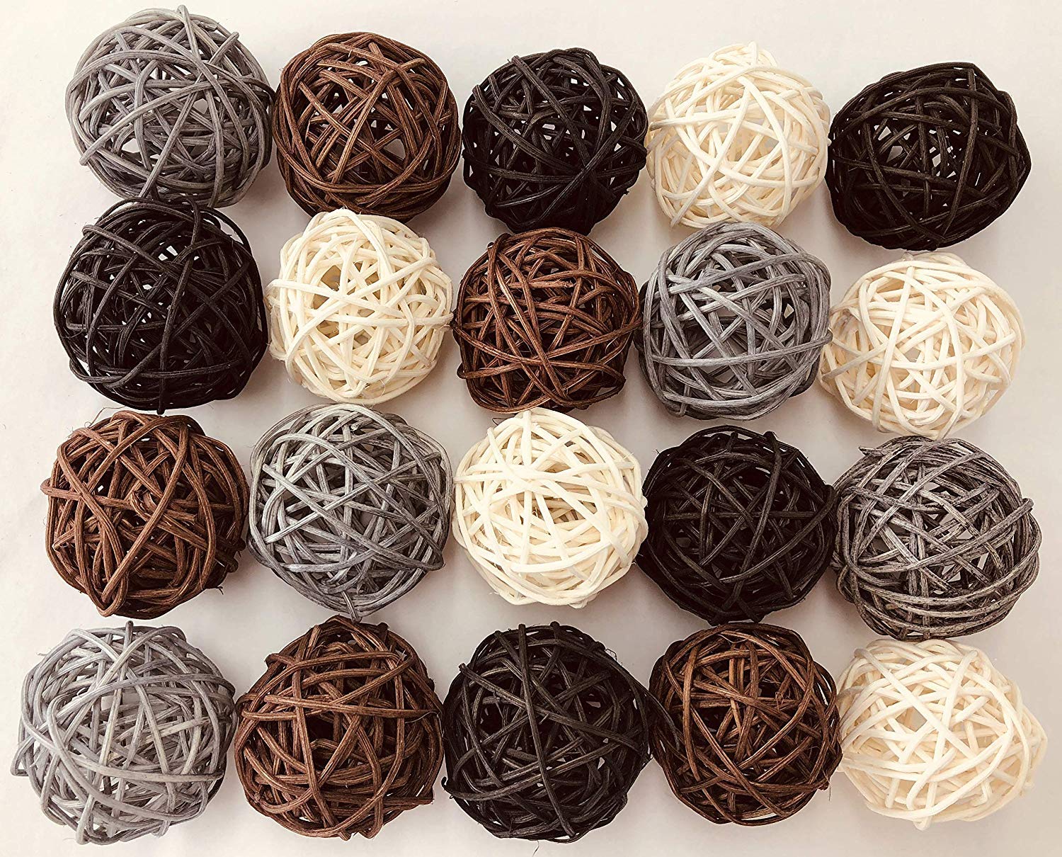 20-Pack Mixed Color Wicker Rattan Balls - Decorative Orbs Natural Spheres Craft DIY, Wedding Decoration, Christmas Tree, House Ornaments Vase Filler - 4 Colors Assorted,45mm,Black,Grey,Brown and White