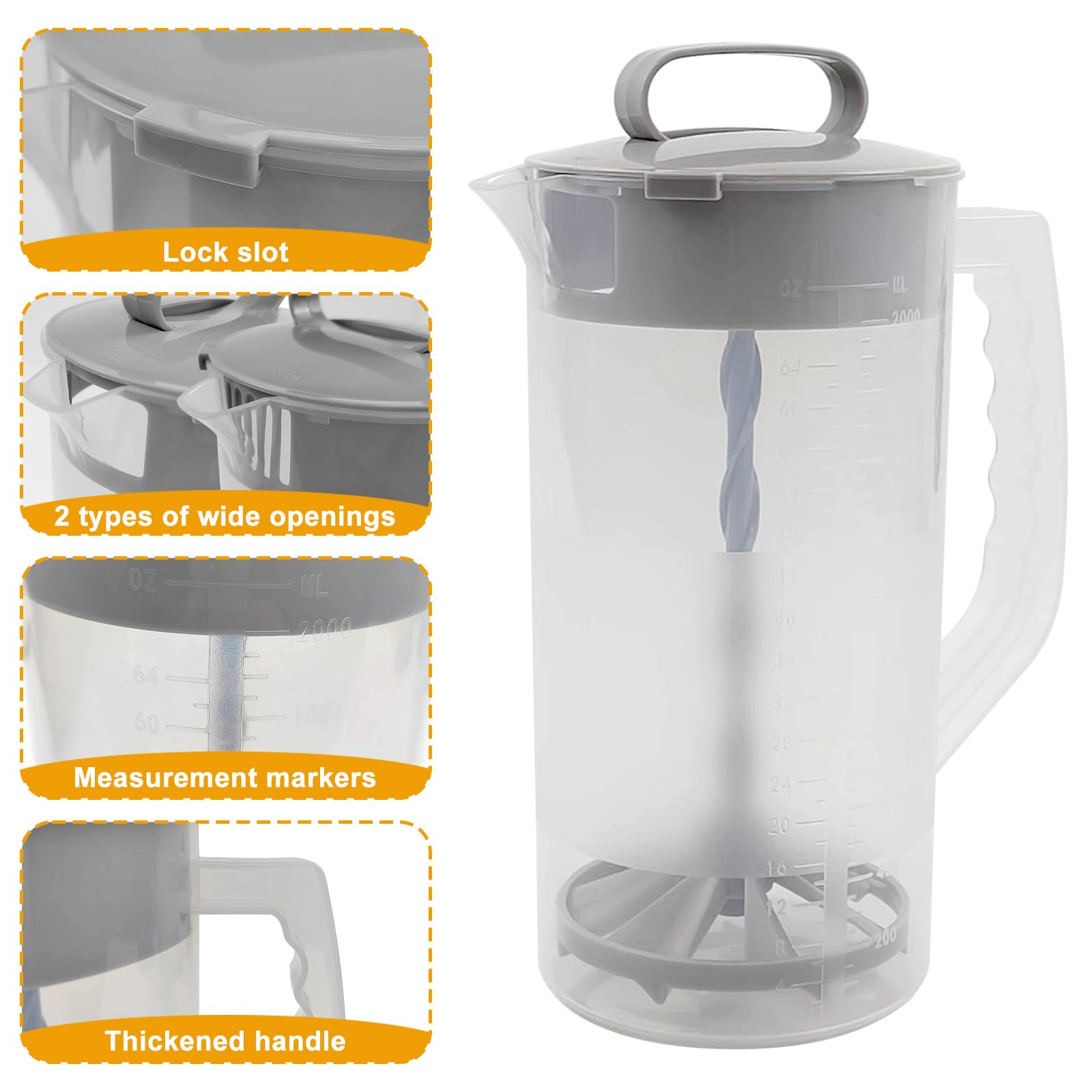 1 Pack Mixing Pitcher for Drinks 2 Quart/ 64oz Plastic Water Pitcher with Lid,Easy-Mix Juice Container,Angled Plastic Blades and Adjustable Mixer Plunger for Juice, Tea, Beverage Container