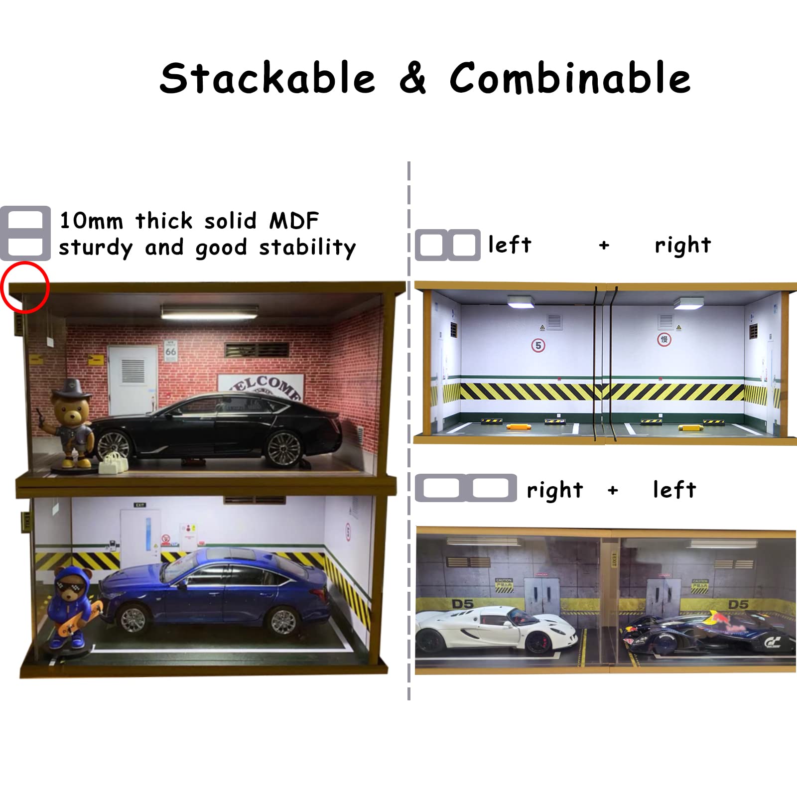 1/18 Scale Model Car Display Case - 1:18 Car Garage Display Case with Clear Acrylic Cover and LED Lighting for Die-Cast Cars, 1 Parking Route 66-Left