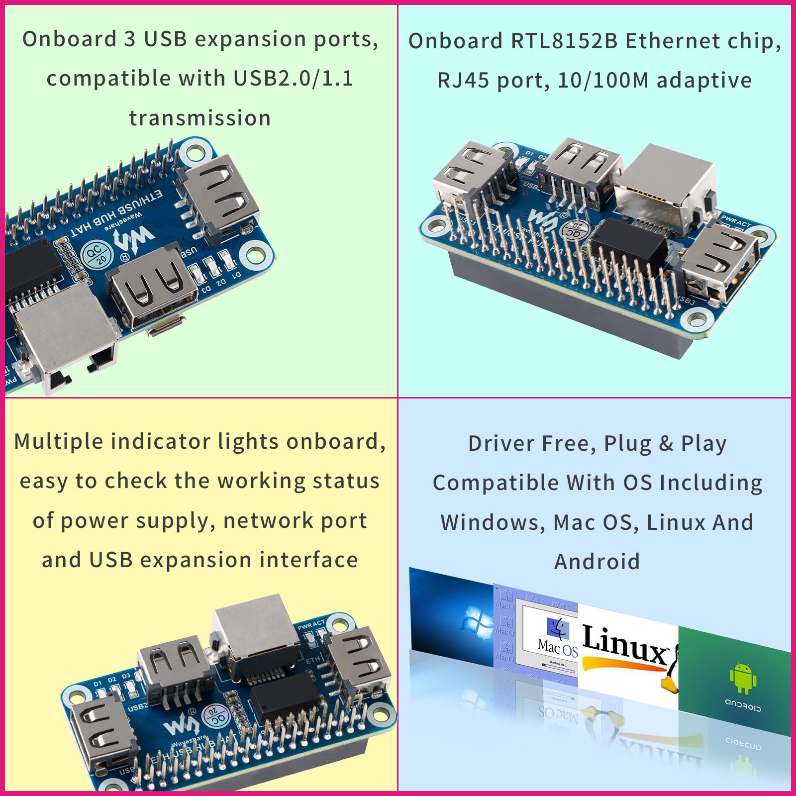 000 EC Buying Ethernet/USB Hub HAT Expansion Board,with1 RJ45 10/100M Ethernet Port,3 USB Expansion Ports Compatible with USB2.0/1.1transmission, USB Hub Splitter Expansion Board for Raspberry Pi 4