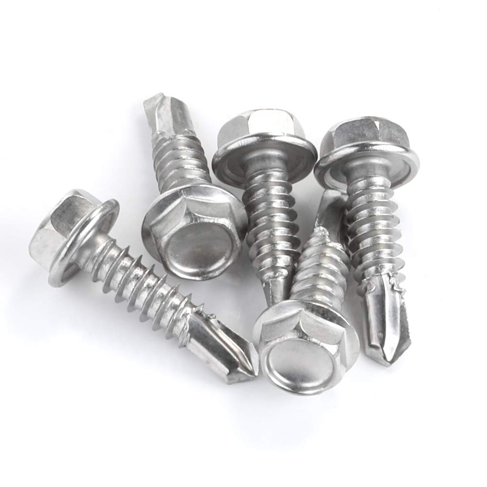 #14 x 1 Hex Washer Head Self Drilling Sheet Metal Screws with Drill Point, Stainless Steel 410, Plain Finish, 50 PCS