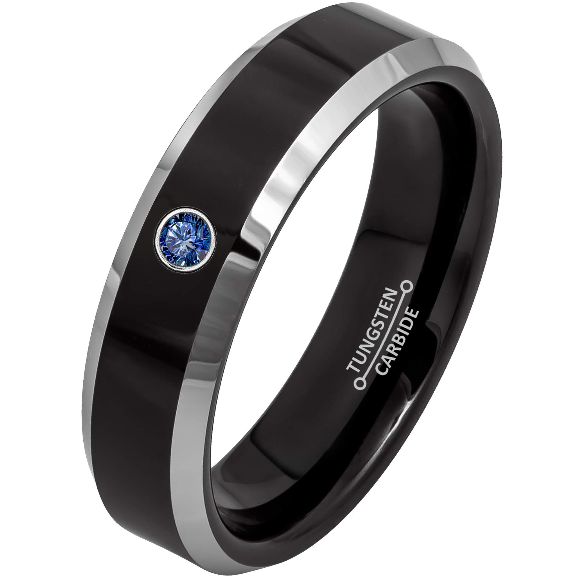 0.07ct Blue Sapphire Tungsten Ring - September Birthstone - 6MM Two-tone Black-plated Polished Finish Center Silver Beveled Edge Comfort Fit Unisex Wedding Anniversary Band -6