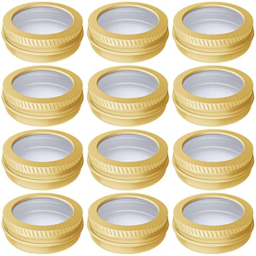 0.5 Ounce Aluminum Tin Jar 15 ml Refillable Containers Clear Top Screw Lid Round Tin Container Bottle for Cosmetic,Lip Balm, Cream, 12 Pcs Gold Color.