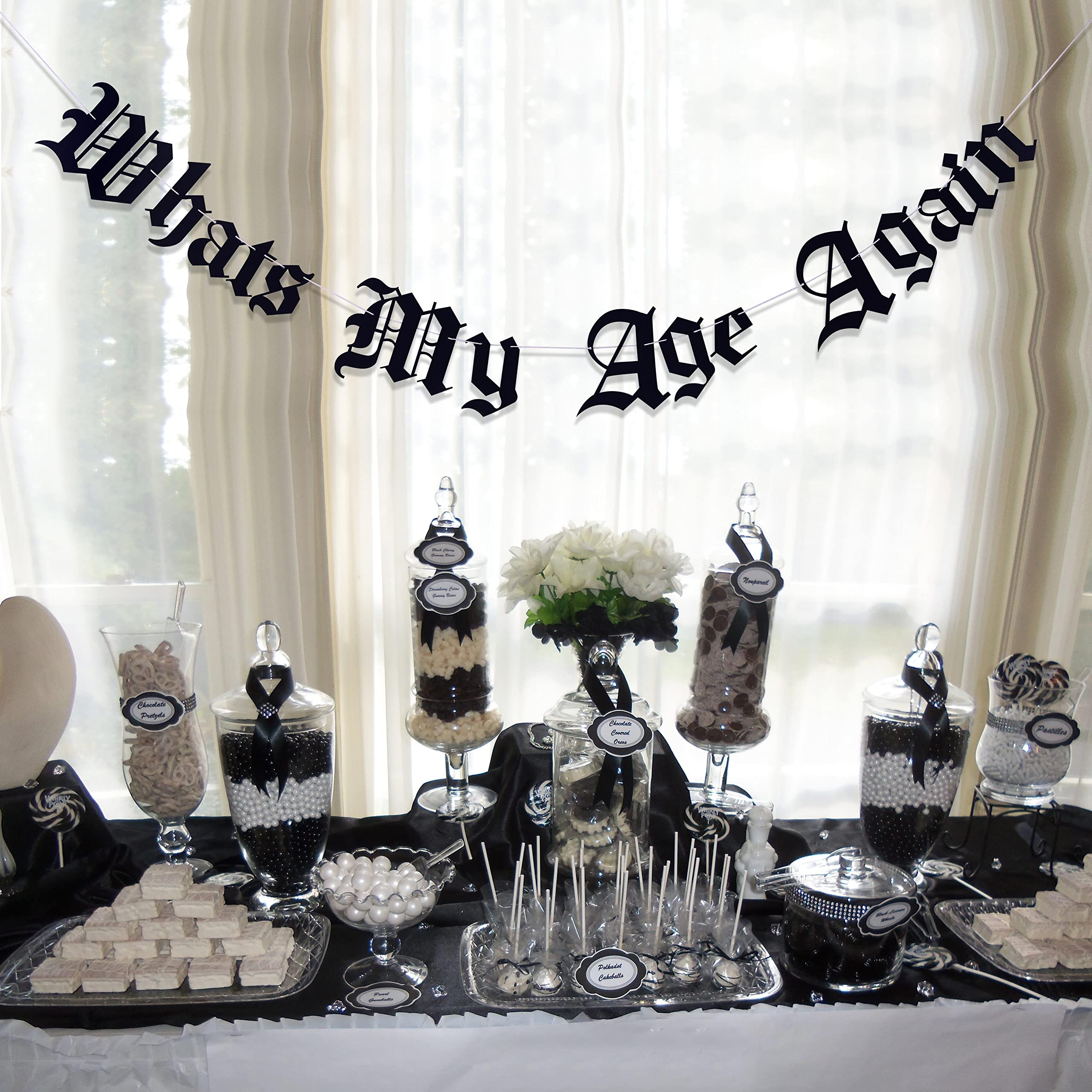Gothic Letter Whats My Age Again Banner - Old English Birthday Banner - Funeral Birthday Banner for 20th 30th 40th Birthday (Whats My Age Again)