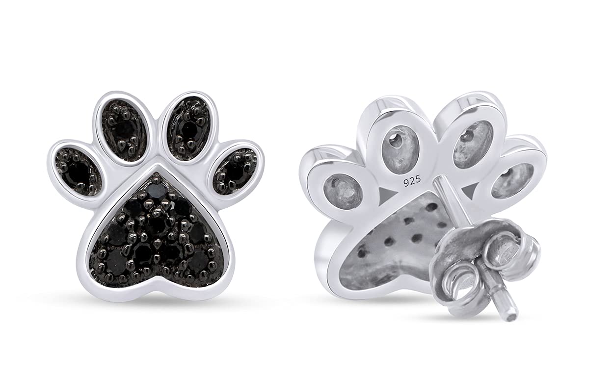 0.25 carat Black Natural Diamond Accent Paw Print Stud Earrings in 14k White Gold Over Sterling Silver