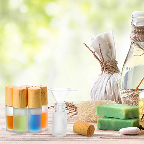 10 Piece Frosted Glass Roller Bottle Bulk with Imitation Wood Grain Plastic Cap for Essential Oils Roll-on Bottle with Stainless Steel Roller Ball, 10 Piece Plastic Pipette and 2 Piece Funnel (5ml)