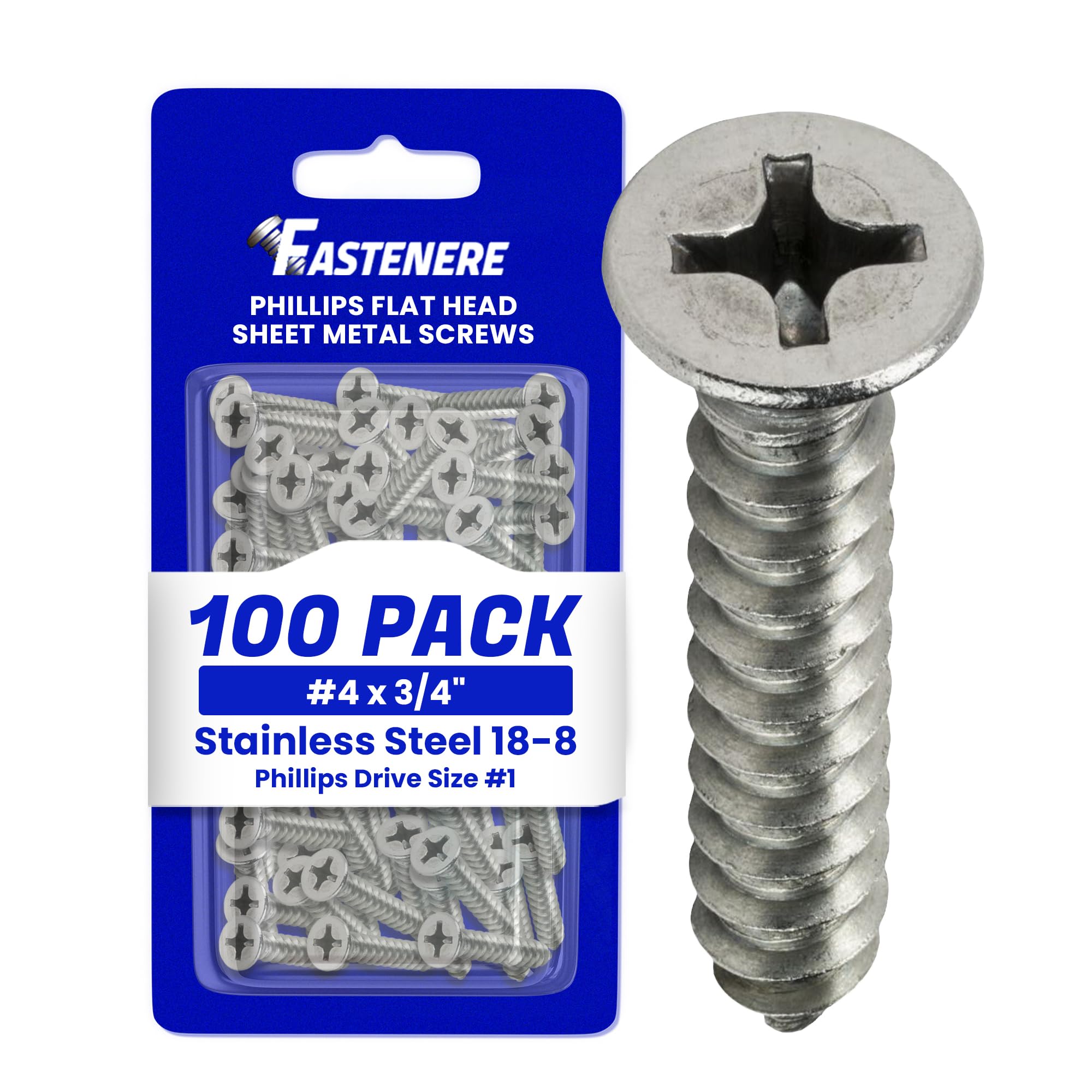#4 x 3/4" Flat Head Sheet Metal Screws, Phillips Drive, Stainless Steel 18-8, Full Thread, Bright Finish, Self-Tapping, Quantity 100 by Fastenere