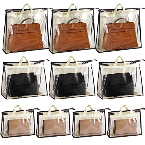 10-Pack Dust Bags for Handbags, Clear Handbag Storage Organizer for Closet, Purse Dust Bags Cover for Storage with Sturdy Bottom,Hanging Closet Organizer with Zipper Handles (10 Pack Beige)