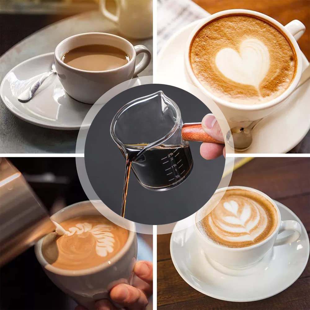 1 Pack Double Spouts Measuring Triple Pitcher Milk Cup 75ML Espresso Shot Glasses Parts Clear Glass with Wood Handle
