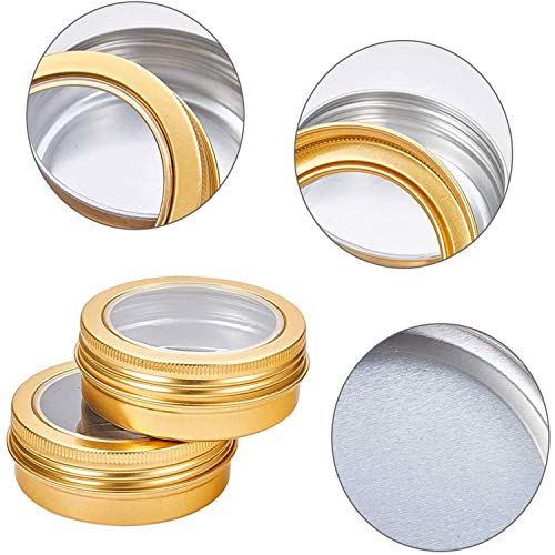 0.5 Ounce Aluminum Tin Jar 15 ml Refillable Containers Clear Top Screw Lid Round Tin Container Bottle for Cosmetic,Lip Balm, Cream, 12 Pcs Gold Color.