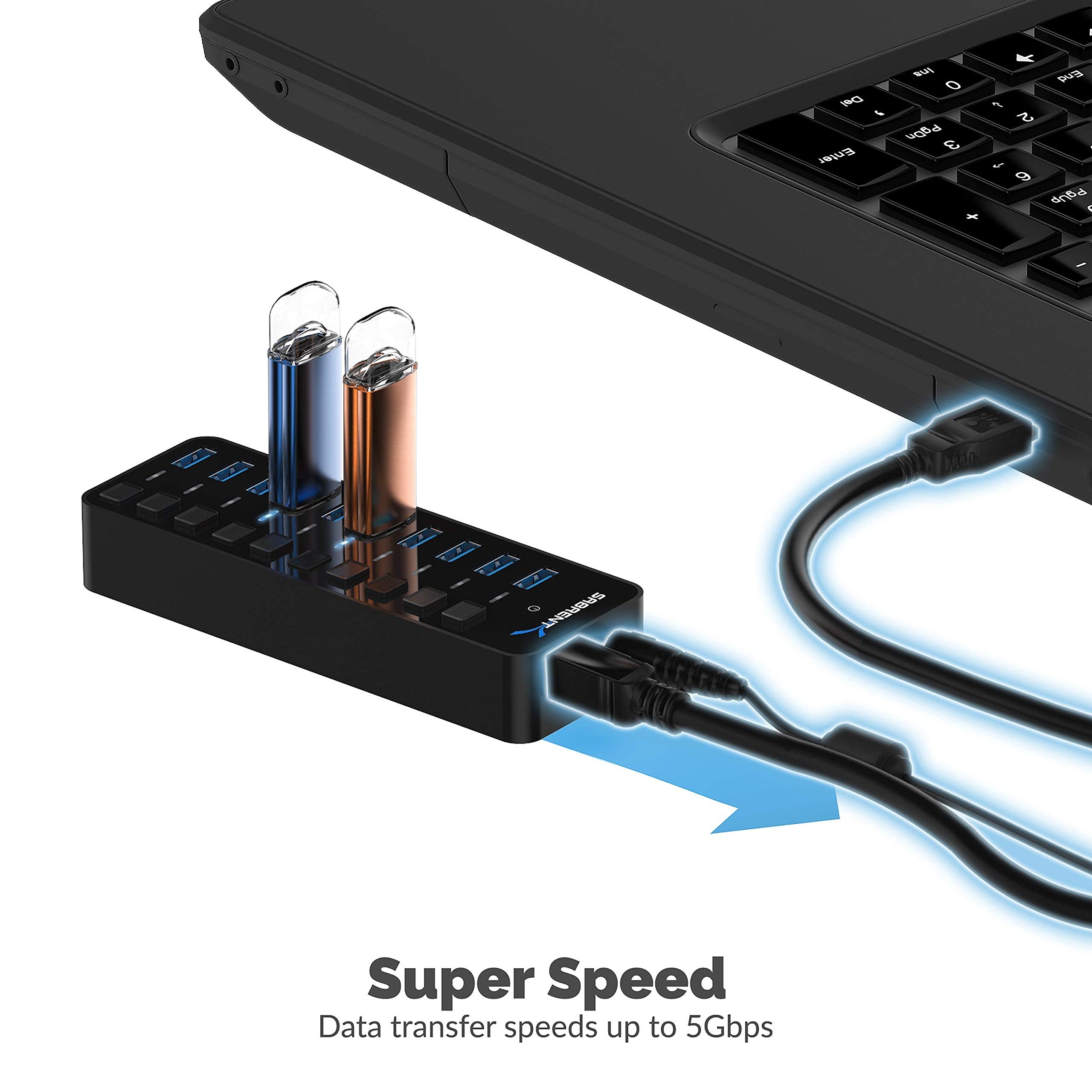 10 Port 60W USB 3.0 Hub with Individual Power Switches and LEDs Includes 60W 12V/5A Power Adapter+USB External Stereo Sound Adapter for Windows and Mac. Plug and Play No Drivers Needed