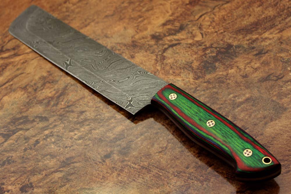12.5" hand forged Damascus steel Nakiri knife, kitchen knife, vegetable knife, 2 tone Green & Maroon wood scale, Cow hide Leather sheath with belt loop
