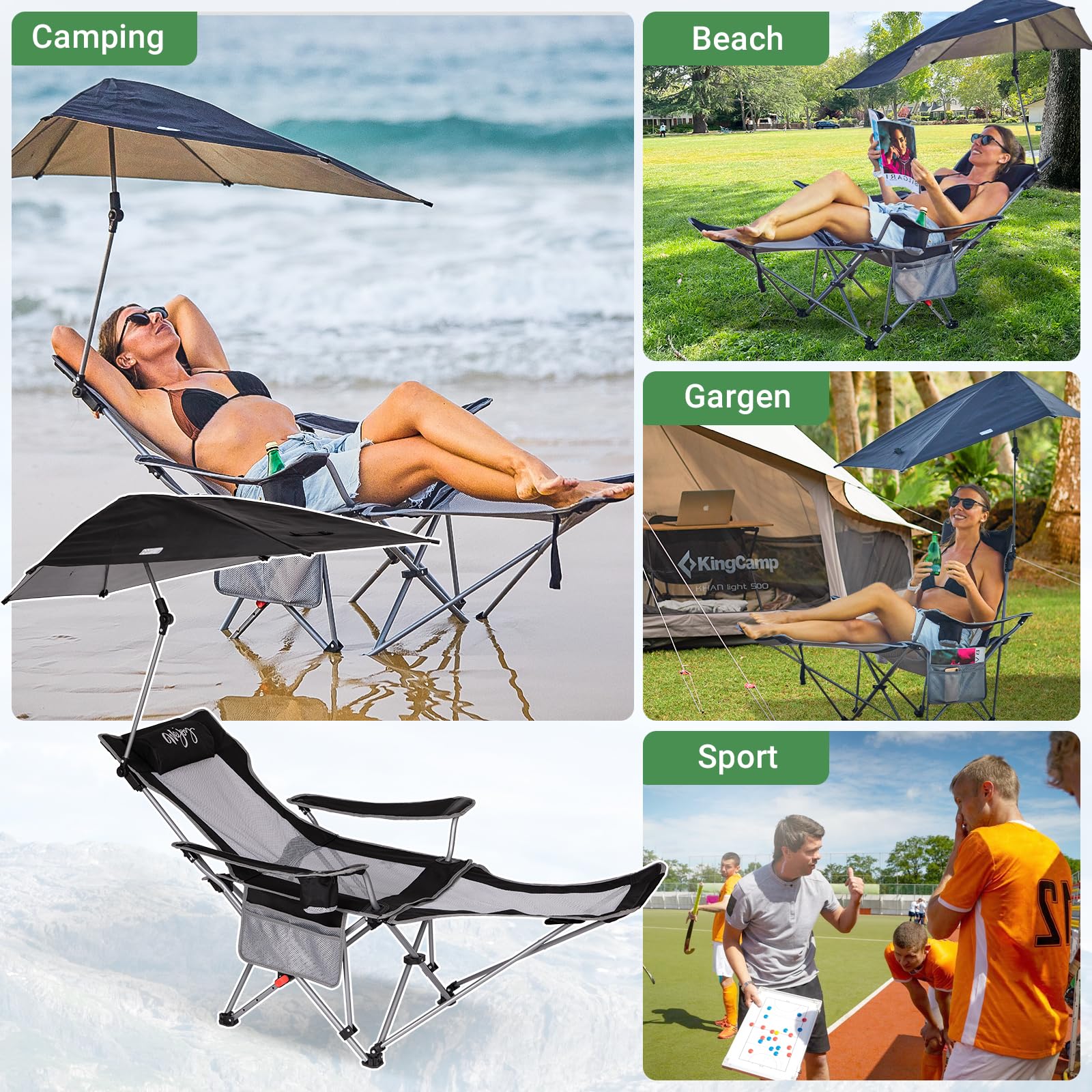 #WEJOY 2-in-1 Reclining Camping Chair with Removable Umbrella Lightweight Folding Camping Chair with Adjustable Backrest & Footrest Portable Patio Lounge Chair with Headrest, Cup Holder for Outdoor