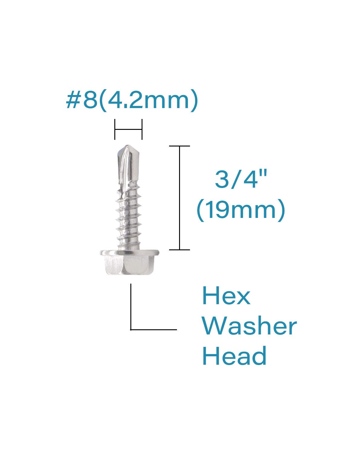 #8 x 3/4" Stainless Hex Washer Head Self Drilling Screws (50pcs), Stainless Steel 410 Fully Threaded Sheet Metal Flanged Hex Screw | by IMSCREWS