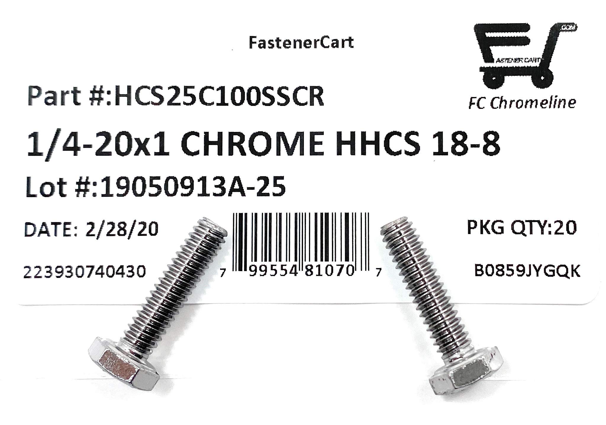 1/4-20x1 Chrome Stainless Steel Hex Cap Screws Chrome Hex Bolts 18-8 (UNC) Coarse Thread - (20 pcs)