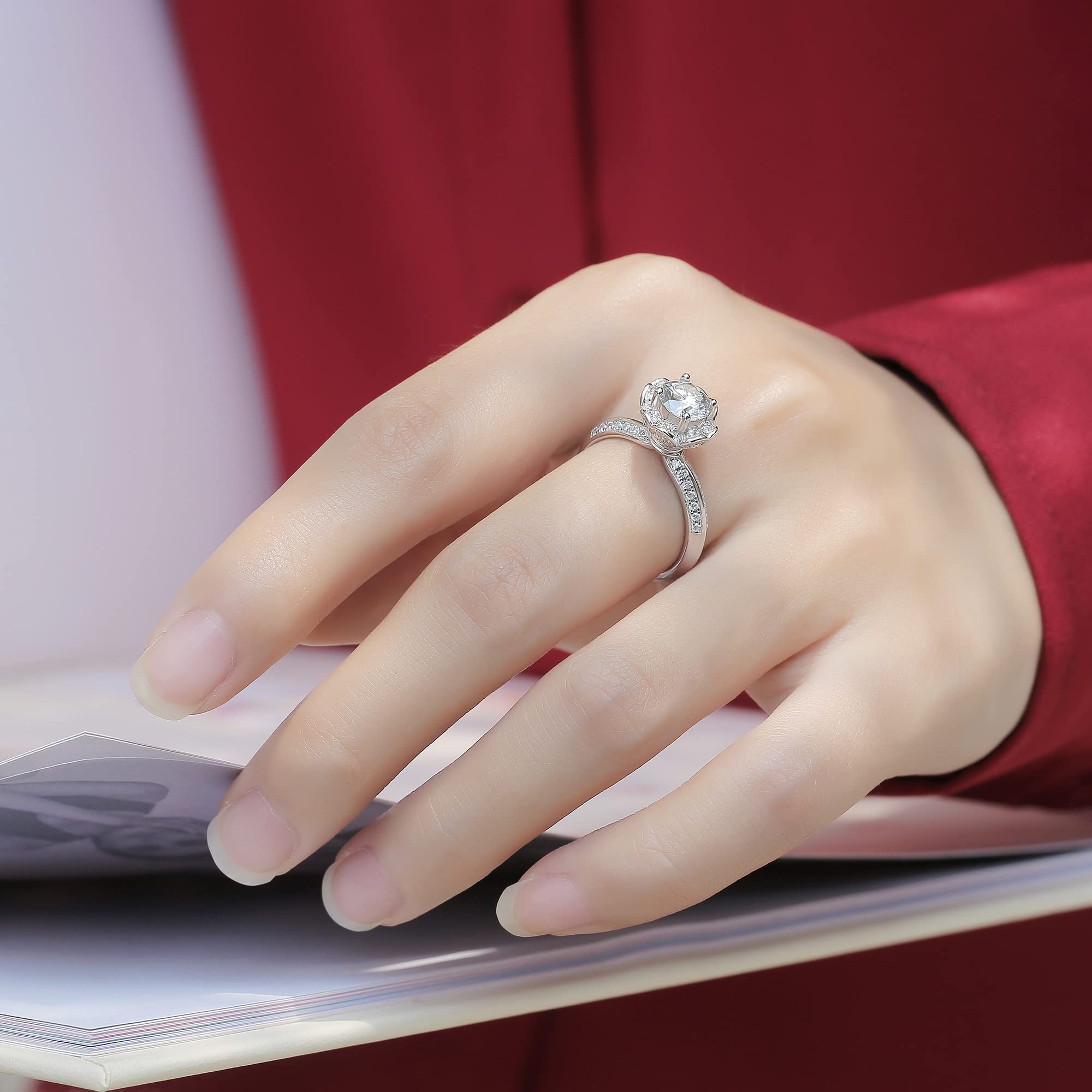 0.5-5Ct Moissanite Engagement Rings, Certificated Moissanite with Platinum Plated S925 Sterling Silver Rings, Created Diamond Wedding Band, Adjustable, Certification Included (SixProngs-1Carat)