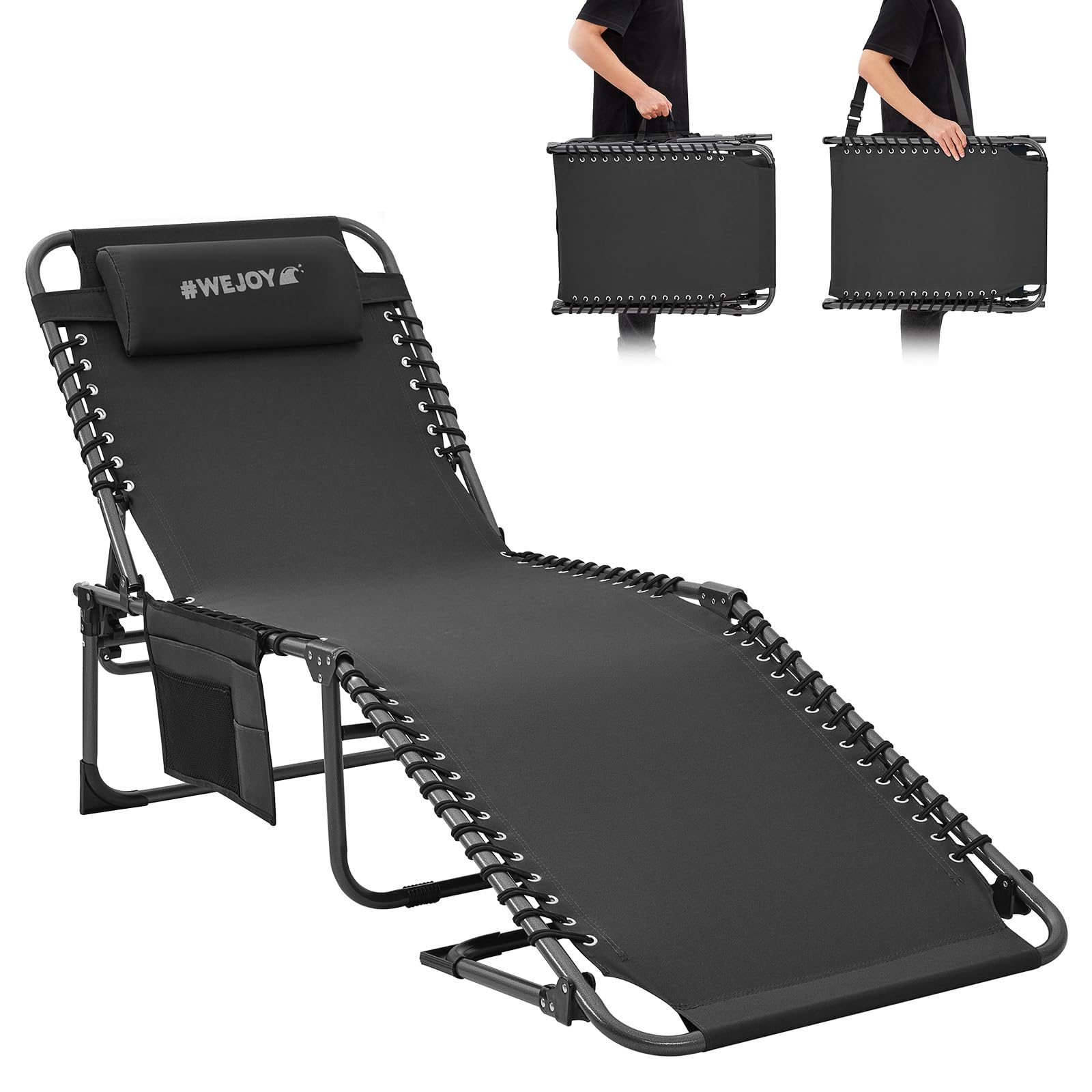 #WEJOY Outdoor Folding Chaise Lounge Chair for Outside, Patio, Beach, Poolside, Sunbathing, Adjustable 5-Position Reclining Chairs, Heavy Duty Camping Cot with Shoulder Strap and Pillow, Teal