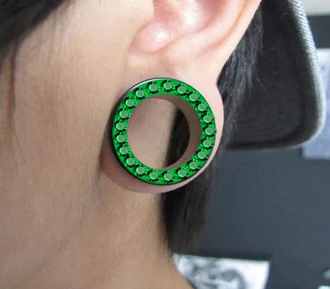 00 Gauge - 10MM Multi Emerald Green Crystals Stone Setting On Black UV Acrylic Flesh Tunnel - Sold by Piece