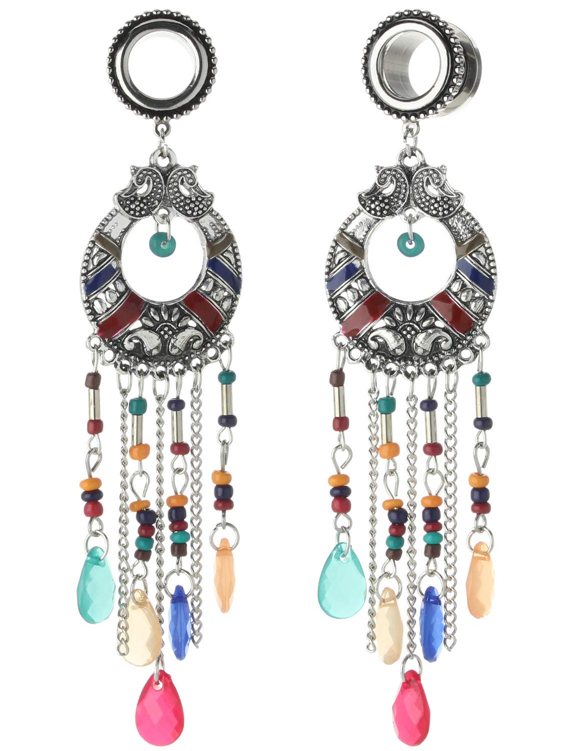00G 10mm 316L Surgical Steel Multicolor Beads Tassel Dangle Ear Gauges Piercing Flesh Tunnels Plugs Statement Earrings