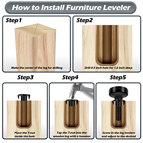 10 Set Adjustable Furniture Leveling Feet, Adjustable Leg Levelers for Cabinets Sofa Tables Chairs Raiser, Heavy Duty Height Adjuster Furniture Levelers Foot with T- Nut Kit 3/8”-16 Thread, Black