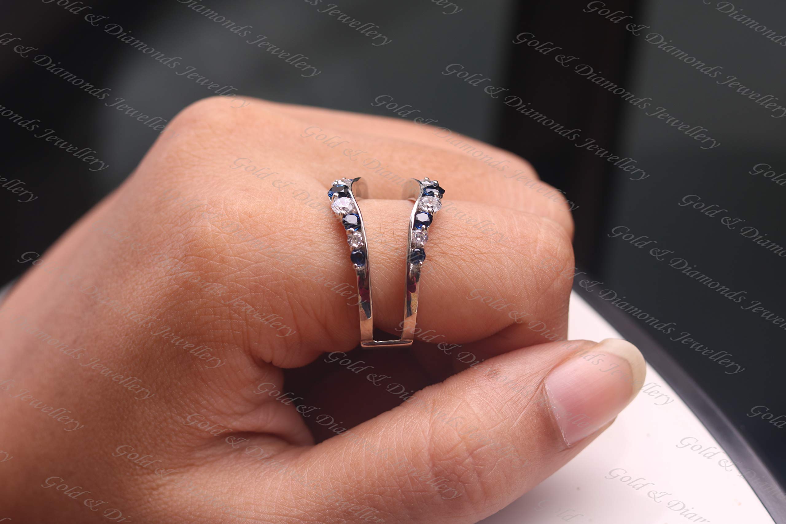 0.50ct Cubic Zirconia & Blue Sapphire Ring Solitaire Enhancer Guard Wrap in 14K White Gold Over Sterling Silver For Women