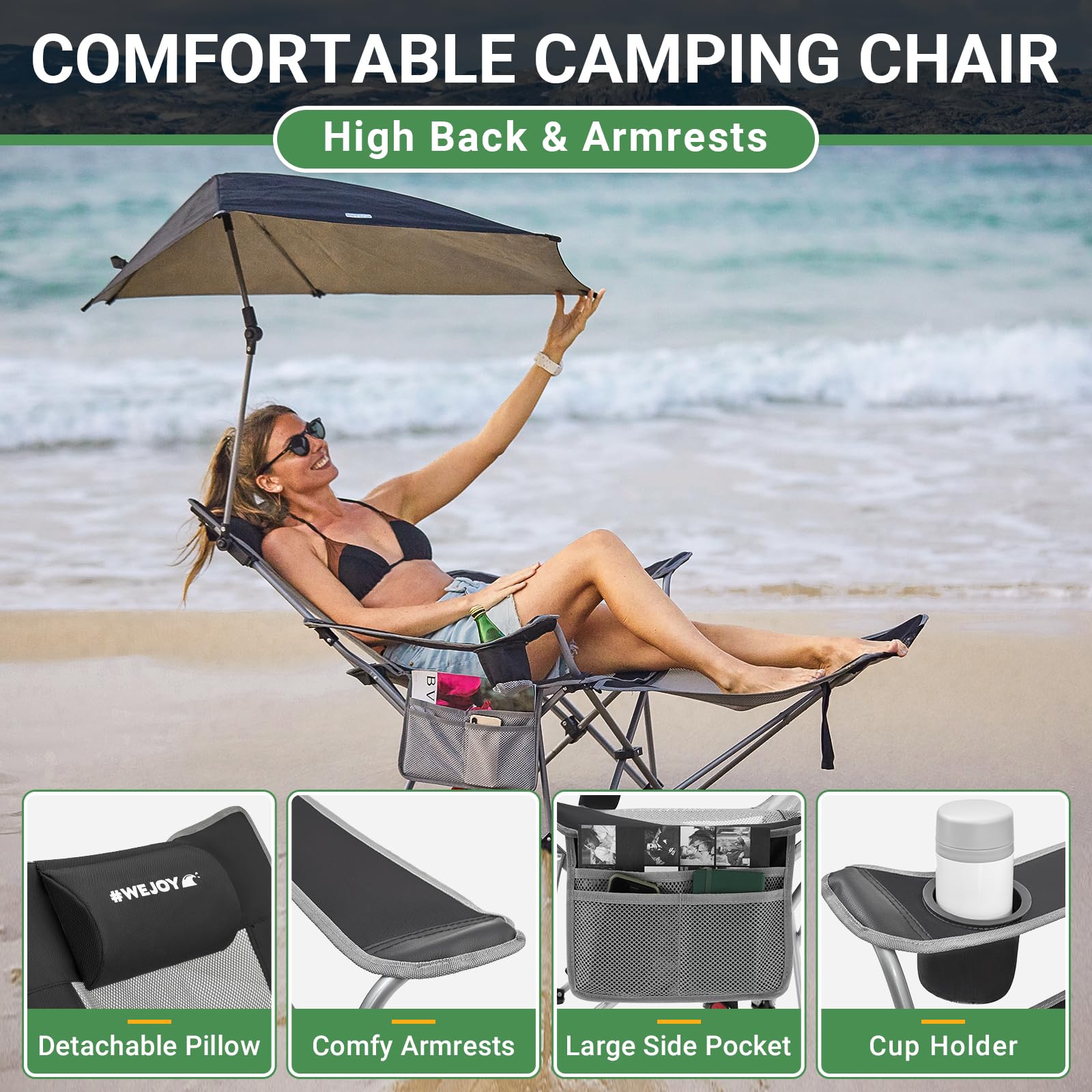 #WEJOY 2-in-1 Reclining Camping Chair with Removable Umbrella Lightweight Folding Camping Chair with Adjustable Backrest & Footrest Portable Patio Lounge Chair with Headrest, Cup Holder for Outdoor