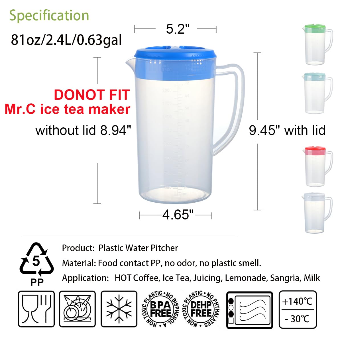 0.66 Gallon/2.5 Litre Plastic Pitcher with Lid BPA-FREE Eco-Friendly Carafes Mix Drinks Water Jug for Hot/Cold Lemonade Juice Beverage Jar Ice Tea Kettle (Navy, 81oz)