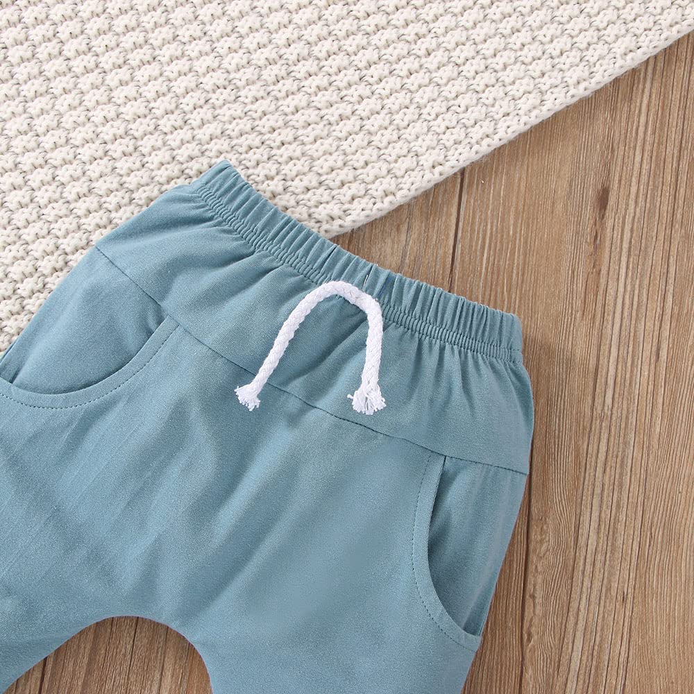 0-5T Newborn Baby Boy/Girl Clothes Color Block Pullover Sweatshirt Top Elastic Waist Pockets 2Pcs Warm Fall Winter Outfit (Long Sleeve Blue, 18-24 Months)