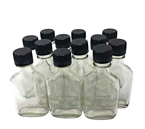 100 ml (3.3 oz) Glass Flask Liquor Bottle with Black Caps (12 Pack)