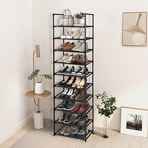 10 Tiers Shoe Rack, 20 Pairs Tall Shoe Storage Organizer Stackable Narrow Metal Stand Shelf for Closet Entryway Hallway, Black