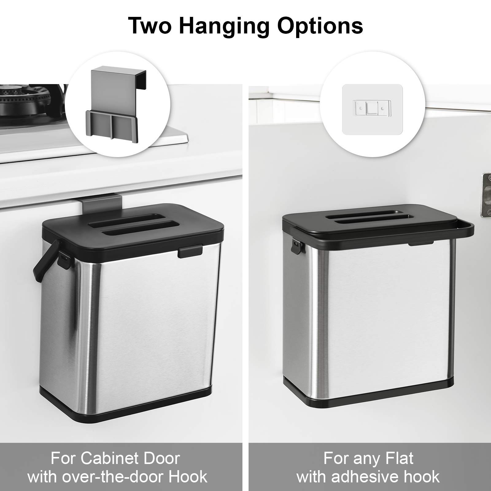 0.8GAL Compost Bin Indoor Kitchen Sealed by SUBEKYU, Stainless Steel Small Hanging Trash Can with Lid for Cabinet Door, Metal Compost Bucket and Garbage Can for Under Sink/Wall Mounted/Countertop