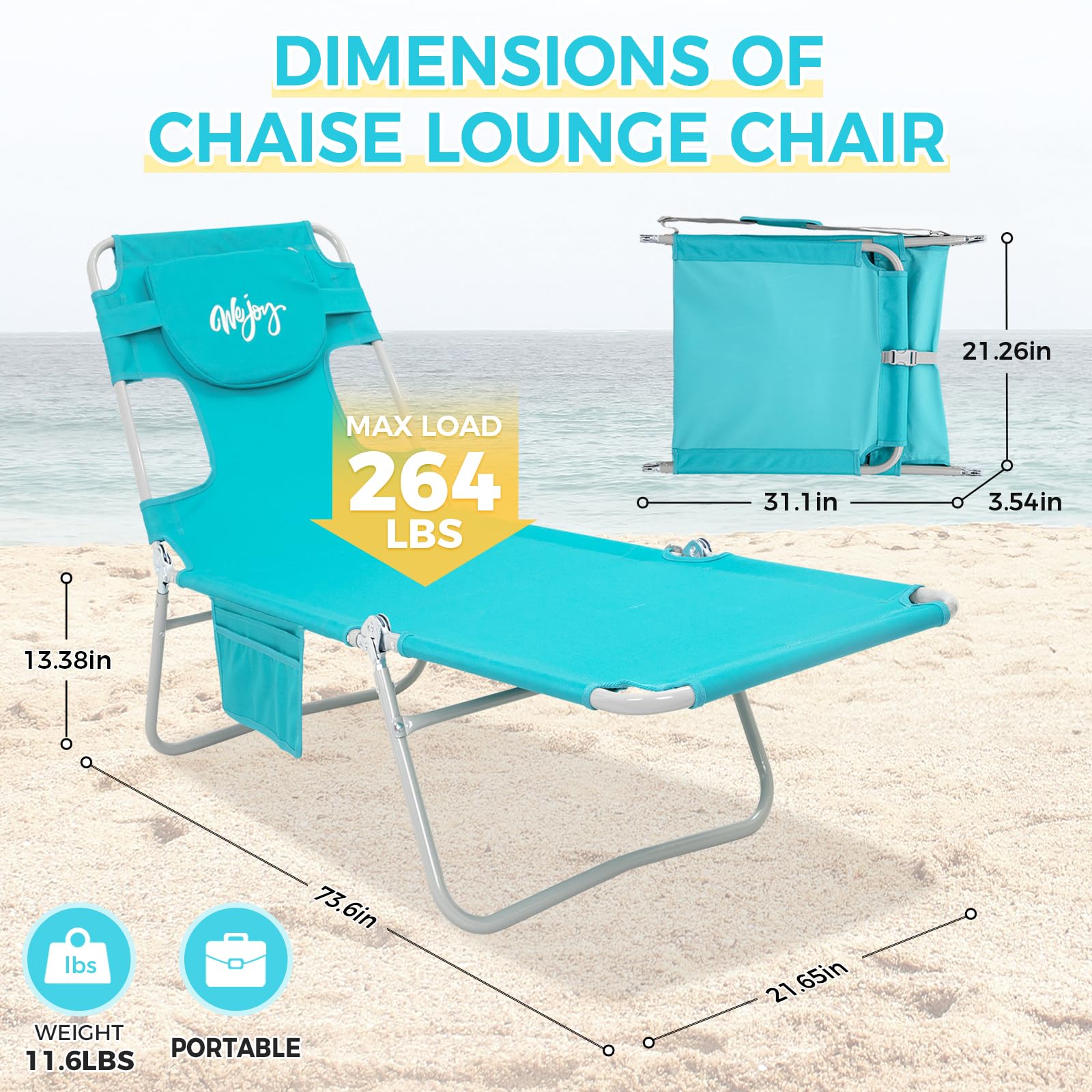 #WEJOY Chaise Lounge Chair with Face Arm Hole Foldable Patio Sun Chair with Adjustable Backrest and Padded Pillow Heavy Duty Folding Beach Lounger for Camping Sunbathing Lawn Pool Garden Yard
