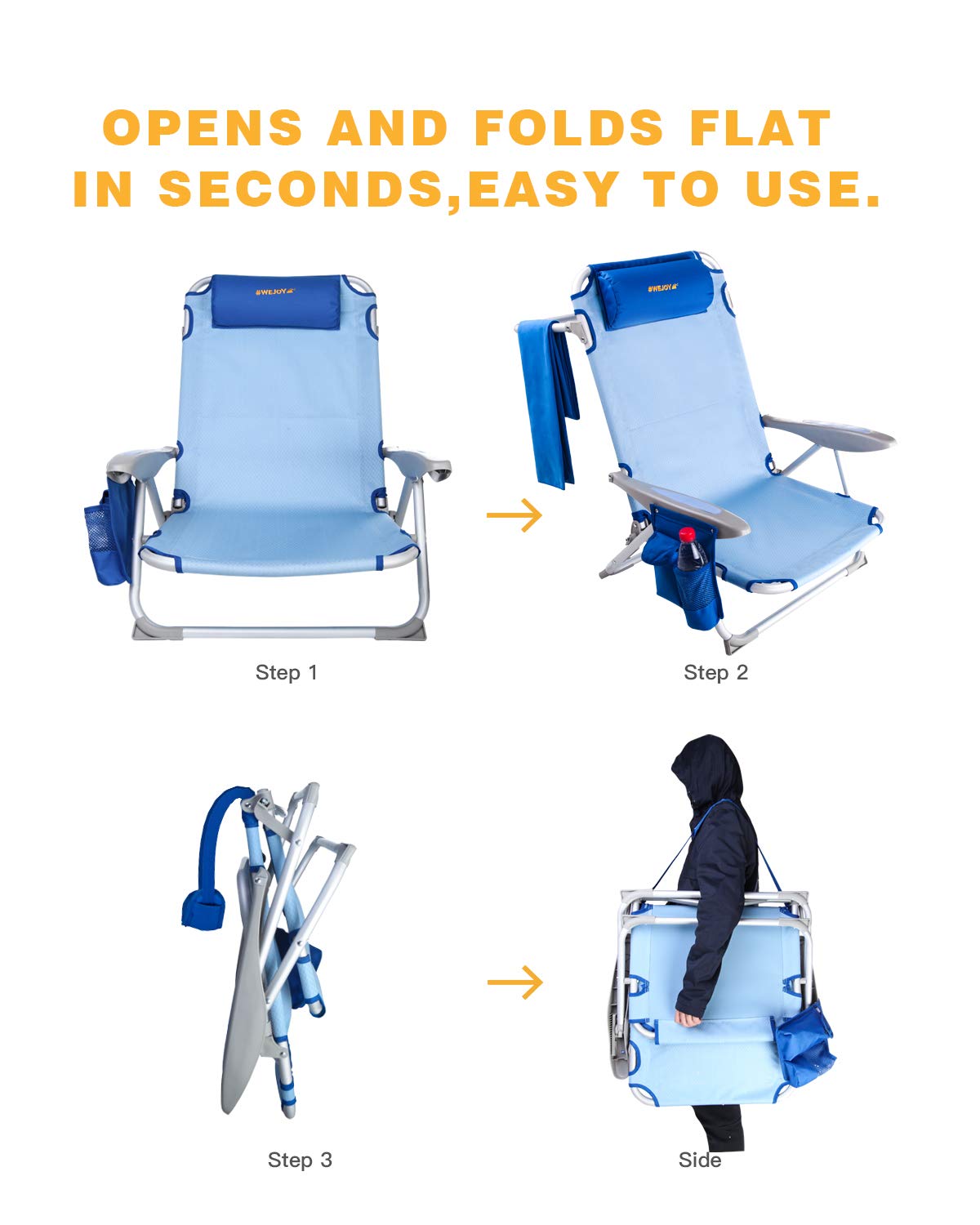 #WEJOY Folding Beach Chair for Adults, 4-Position Lightweight Beach Chair, Low Beach Chairs with Shoulder Strap, Cup Holder and Headrest, Supports 265lbs for Beach Lawn (Blue)