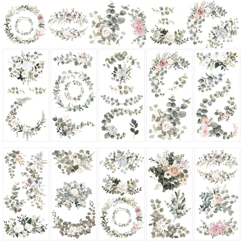 10 Sheets Botanical Flower Rub on Transfers for Craft 6 x 12 Inches Vintage Floral Furniture Rub on Transfers Sticker Decals Decorations for Cabinet Wood Door DIY Craft (Eucalyptus Style)