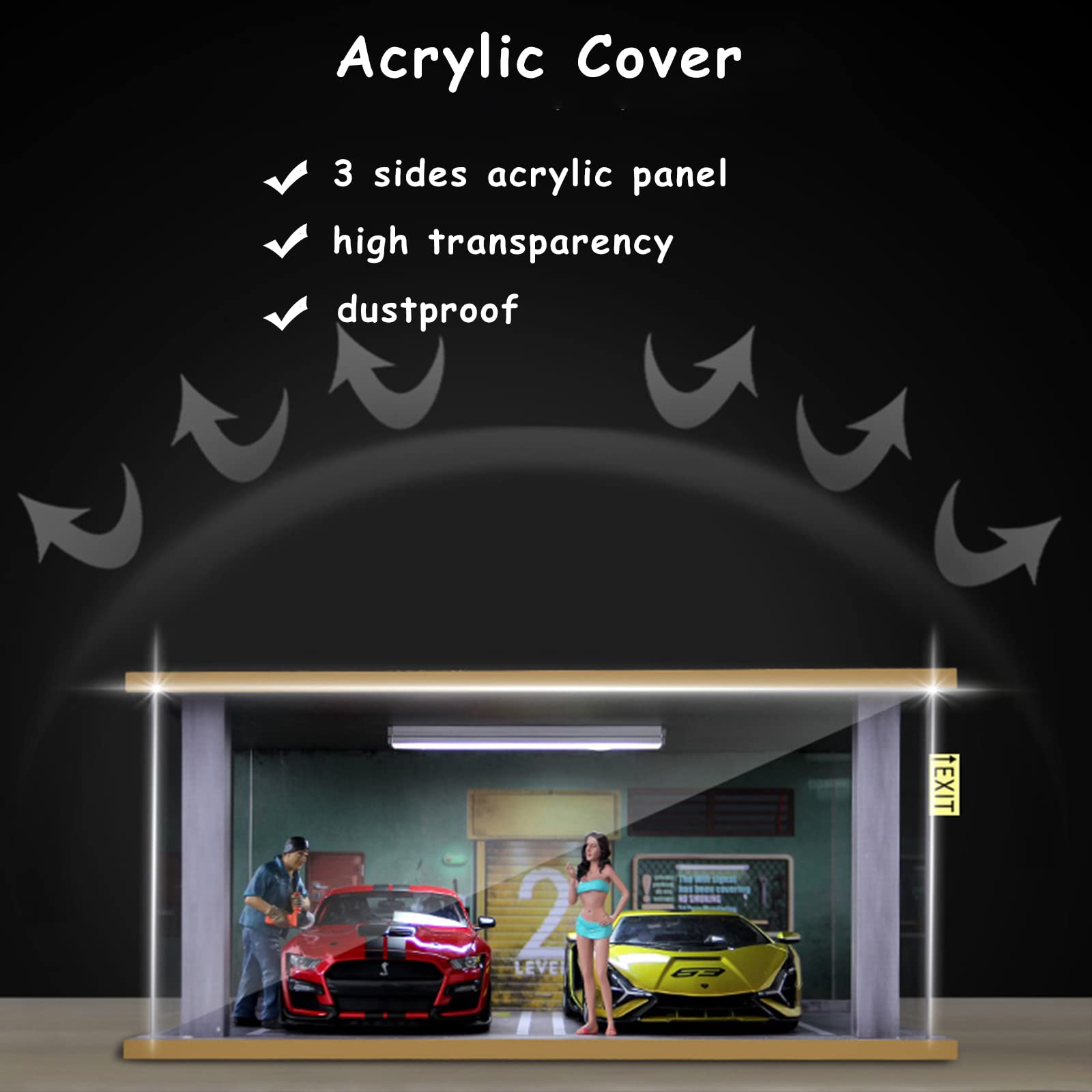 1/18 Scale Model Car Display Case - 1:18 Car Garage Display Case with Clear Acrylic Cover and LED Lighting for Die-Cast Cars, 2 Parkings Green