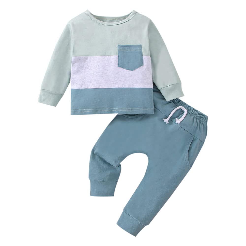 0-5T Newborn Baby Boy/Girl Clothes Color Block Pullover Sweatshirt Top Elastic Waist Pockets 2Pcs Warm Fall Winter Outfit (Long Sleeve Blue, 18-24 Months)