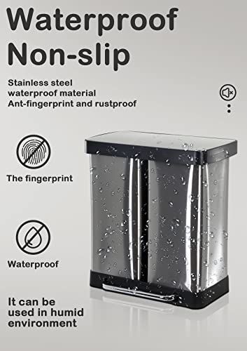 10 Gallon Dual Trash Can, Classified Recycling Bin for Kitchen Recycling and Trash, Double Compartment Trash Can Rubbish Bin with Lid, Plastic Inner Buckets, Stainless Steel, Soft-Close, Airtight