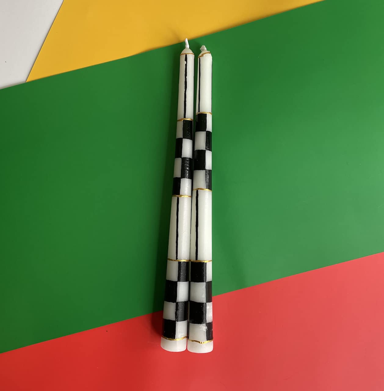 0 Handmade Decorative Hand Painted Taper Candles, 2 Pack | Checkered Black & White | for Dinner Table and Interior Decoration