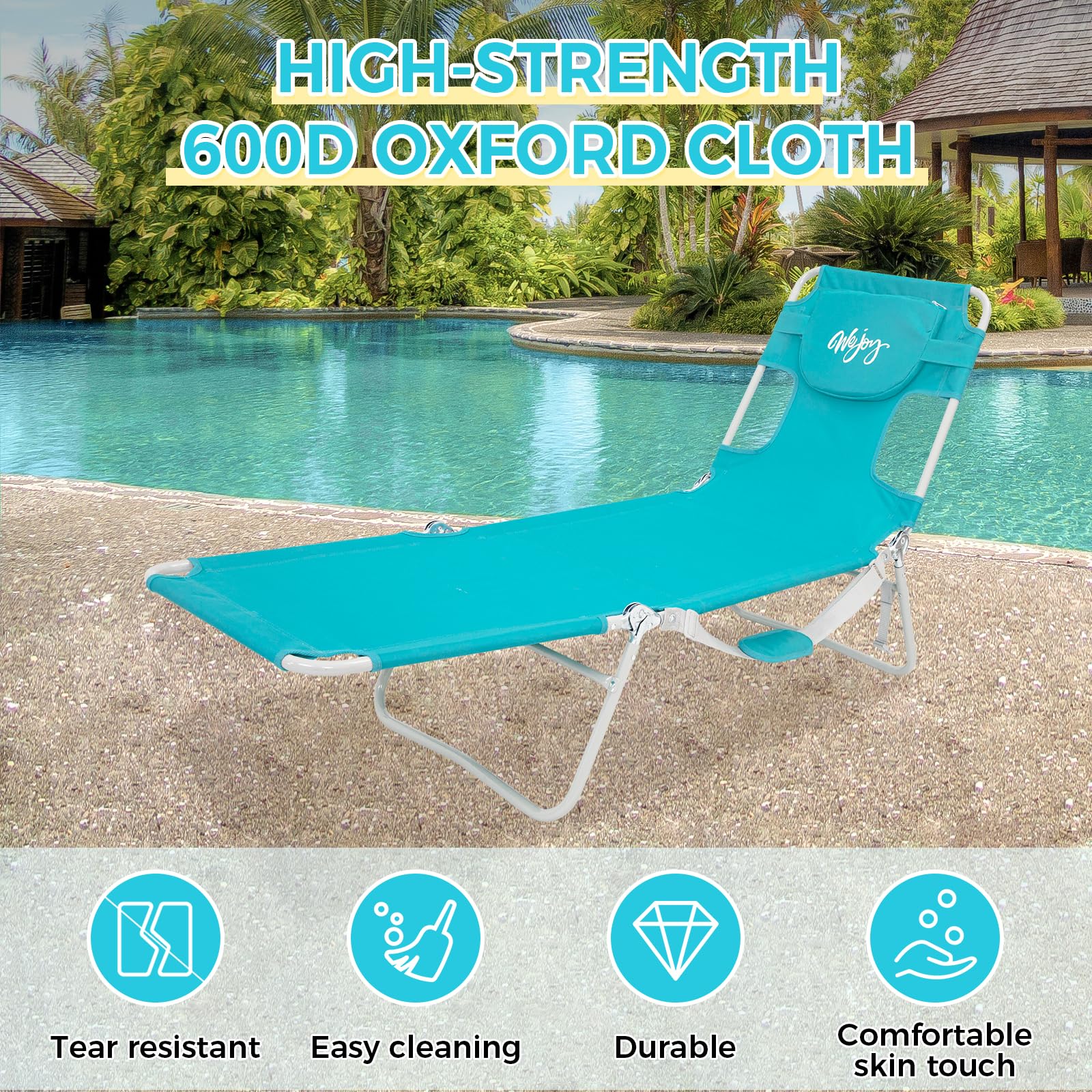 #WEJOY Chaise Lounge Chair with Face Arm Hole Foldable Patio Sun Chair with Adjustable Backrest and Padded Pillow Heavy Duty Folding Beach Lounger for Camping Sunbathing Lawn Pool Garden Yard