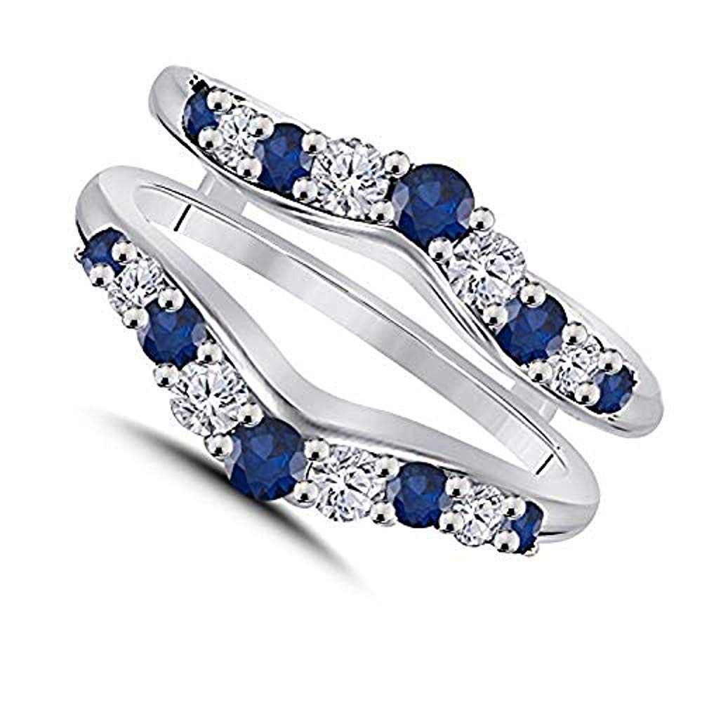0.50ct Cubic Zirconia & Blue Sapphire Ring Solitaire Enhancer Guard Wrap in 14K White Gold Over Sterling Silver For Women