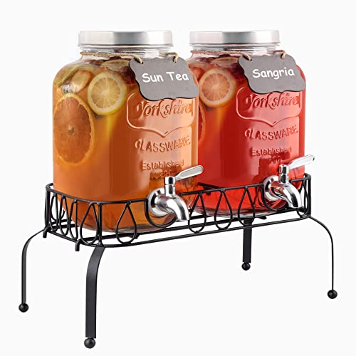 1 Gallon Beverage Dispenser with Stand, 18/8 Stainless Steel Spigot- [2 Pack] Airtight & Leakproof Glass Sun Tea Jar with Anti-Rust Lids, Drink Dispensers for Parties - Laundry Detergent Dispenser